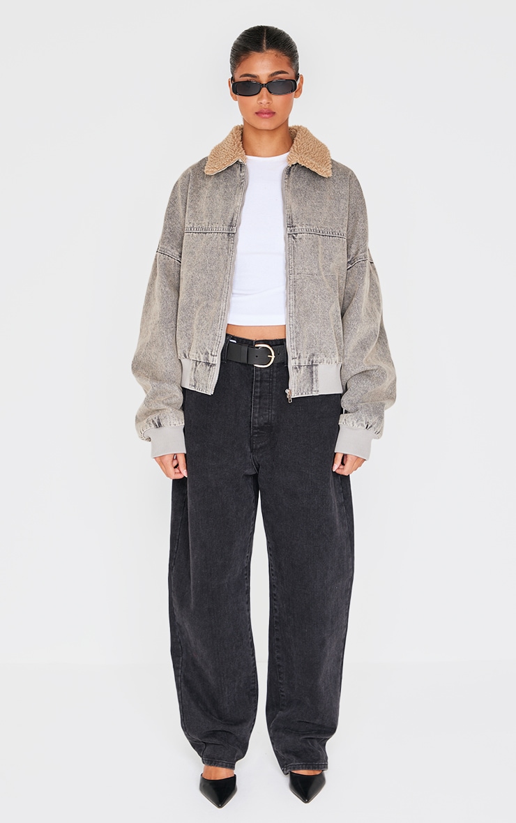 Light Grey Borg Collar Denim Bomber Jacket | Denim | PrettyLittleThing