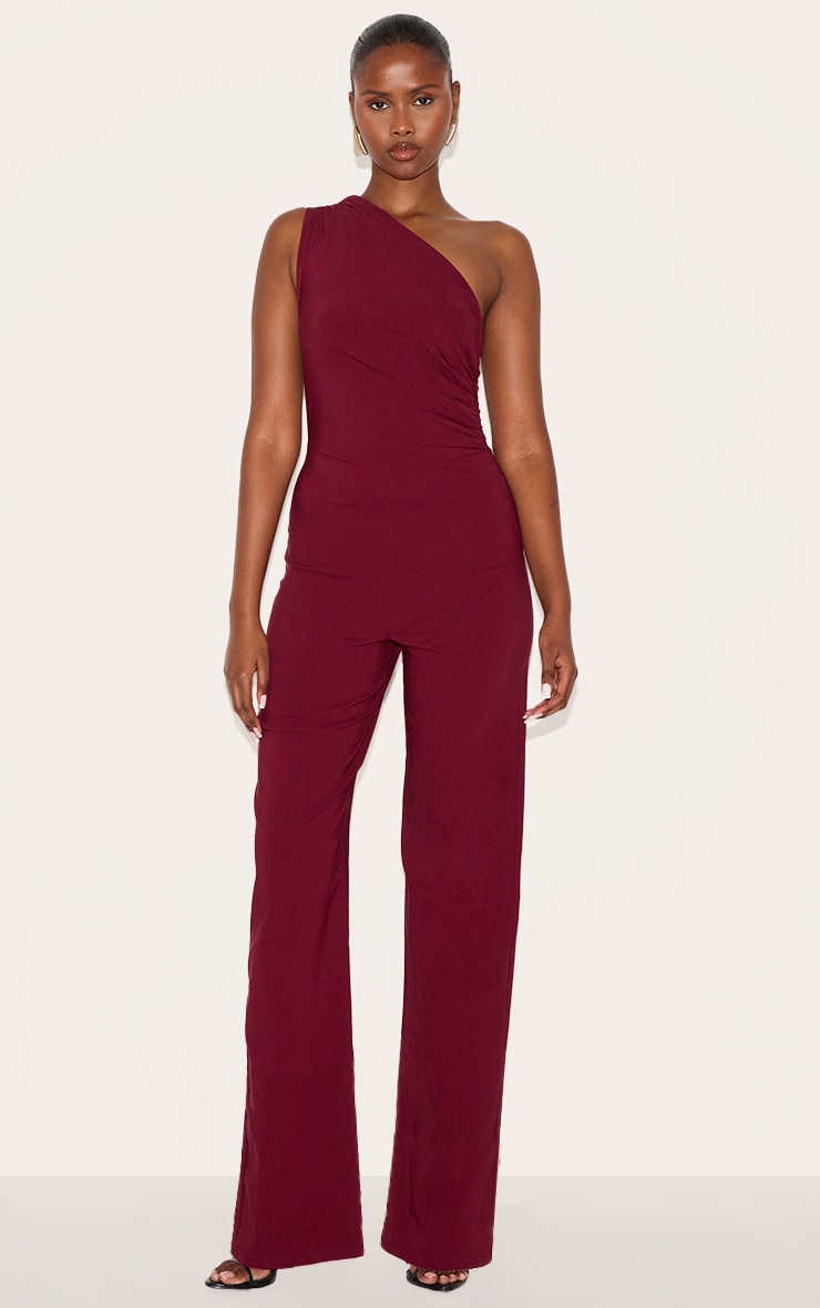 Wine Stretch Woven One Shoulder Flare Jumpsuit | Dresses | PLT