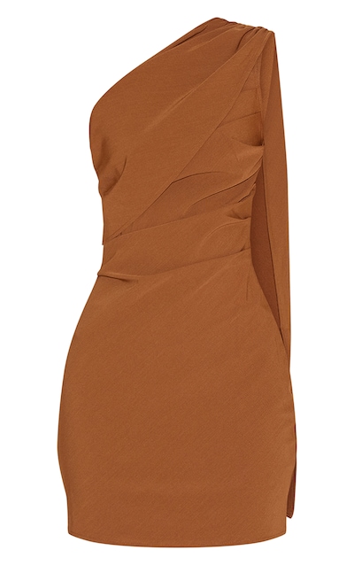 Chestnut Woven Drape Shoulder Mini Dress | Dresses | PLT USA