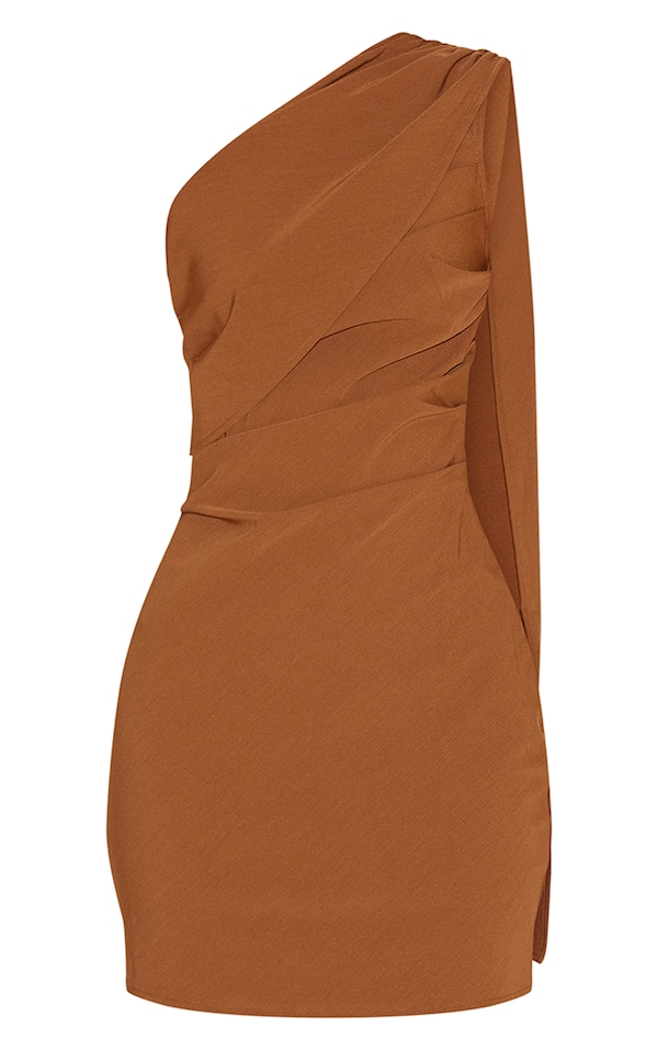 Chestnut Woven Drape Shoulder Mini Dress | Dresses | PLT USA