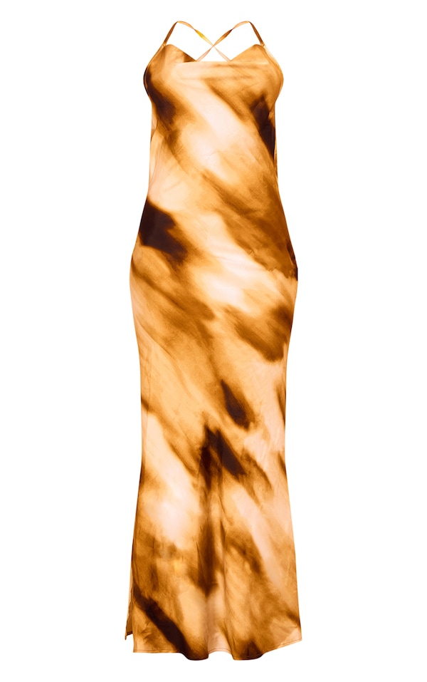 Yellow Blurred Print Satin Cowl Neck Maxi Dress | Dresses | PLT