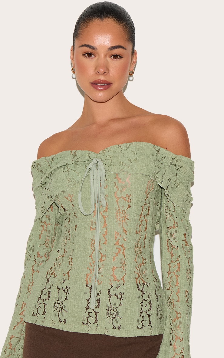 Sage Fitted Lace Flared Sleeve Bardot Top | Tops | PLT USA