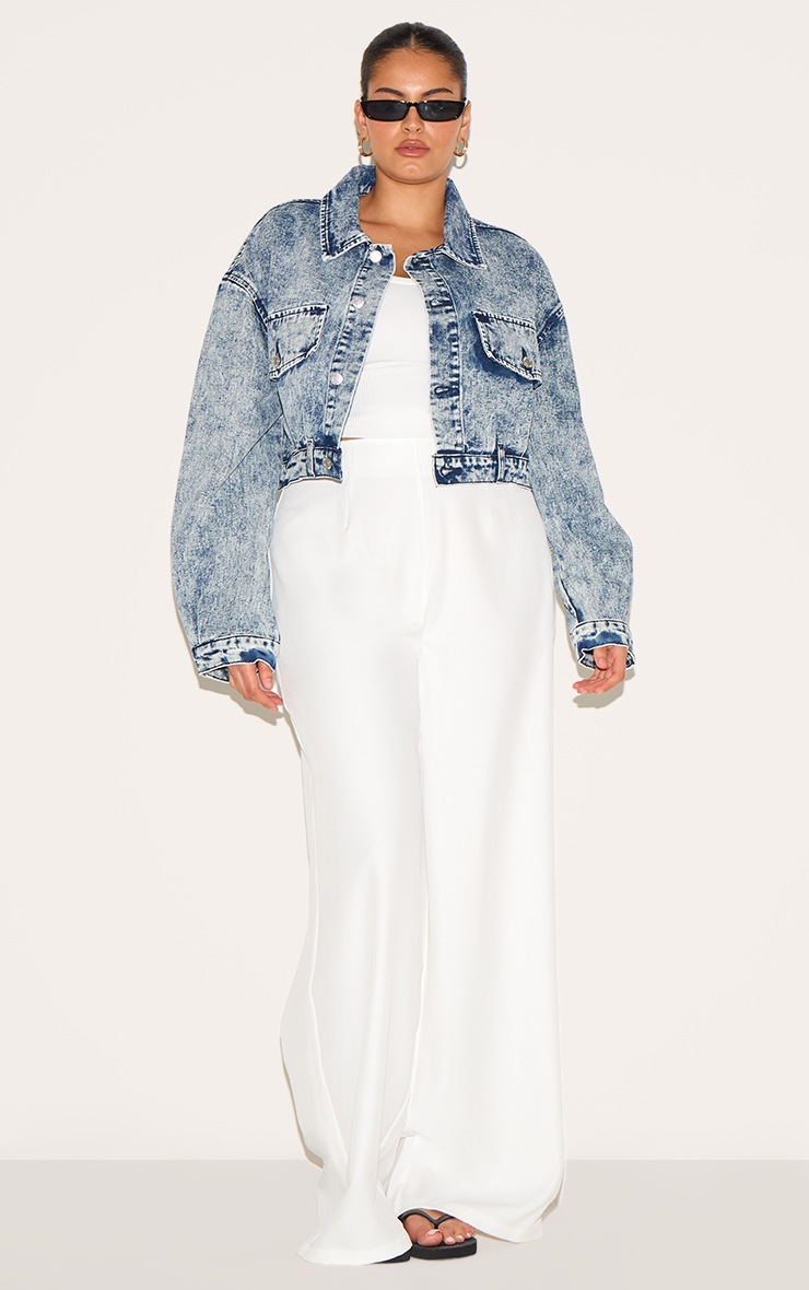 Plus Light Blue Acid Wash Pocket Crop Denim Jacket | Plus Size ...