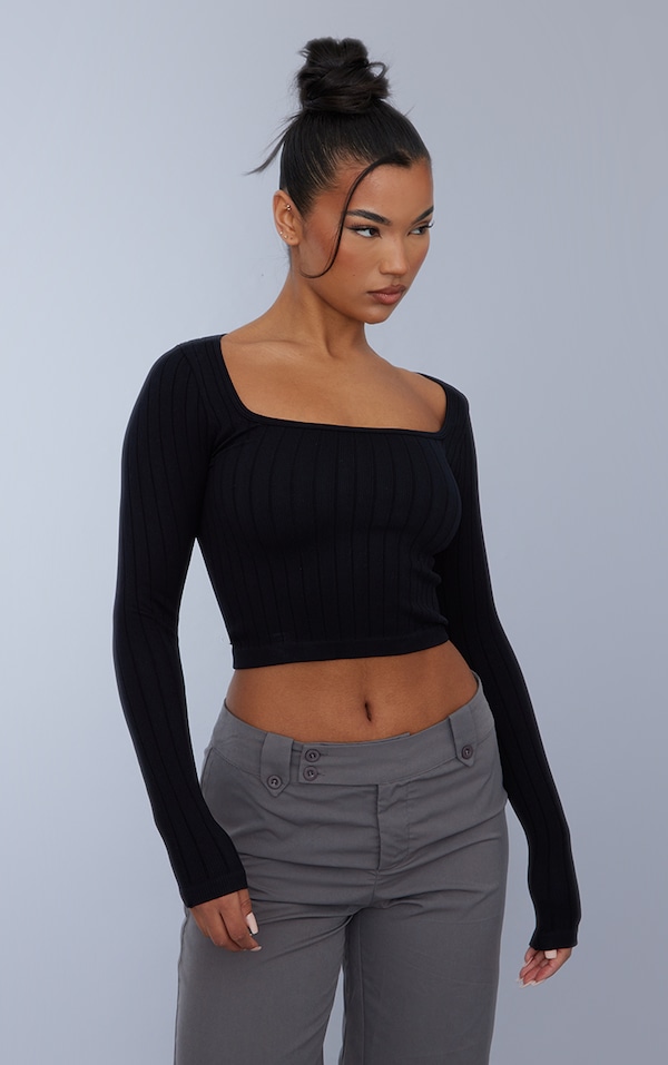 Black Wide Snatched Rib Square Necked Crop Top | Tops ...