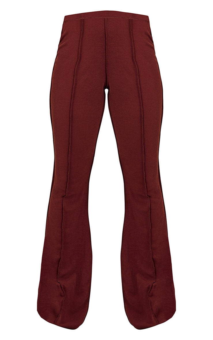 Mocha Brown Rib Exposed Seam Flared Trousers | PrettyLittleThing AUS