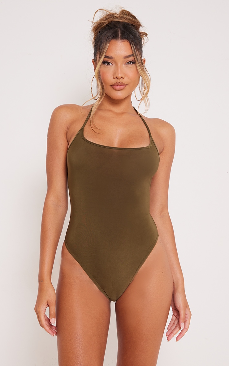 Khaki Slinky Halter Bodysuit | Tops | PrettyLittleThing AUS