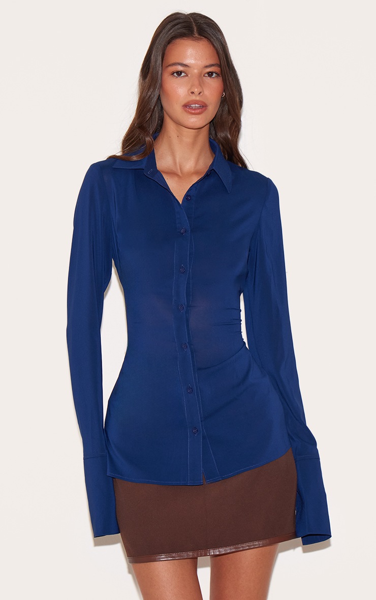 Navy Chiffon Fitted Shirt | Tops | PrettyLittleThing AUS