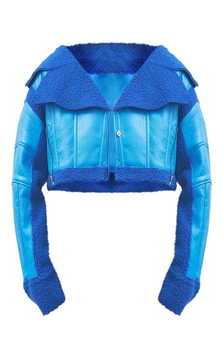 Blue PU Boned Waist Borg Lined Crop Aviator Jacket | Outerwear ...