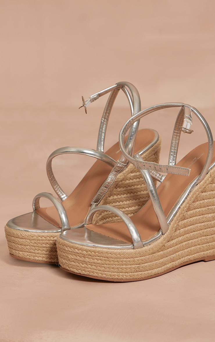 Silver Wide Fit Asymmetric Strap Platform Heel Wedges | Footwear ...