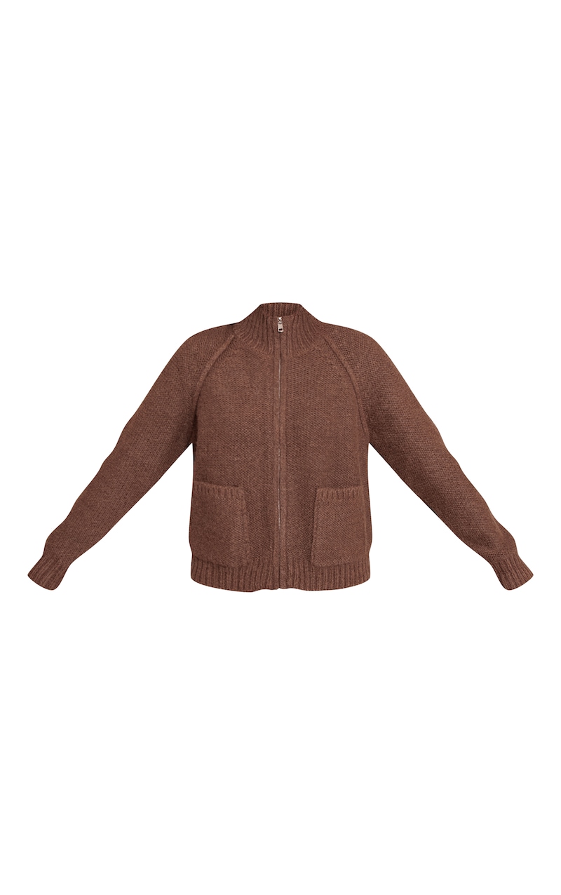 Chocolate Zip Up Pocket Detail Knitted Cardigan | Knitwear | PLT USA