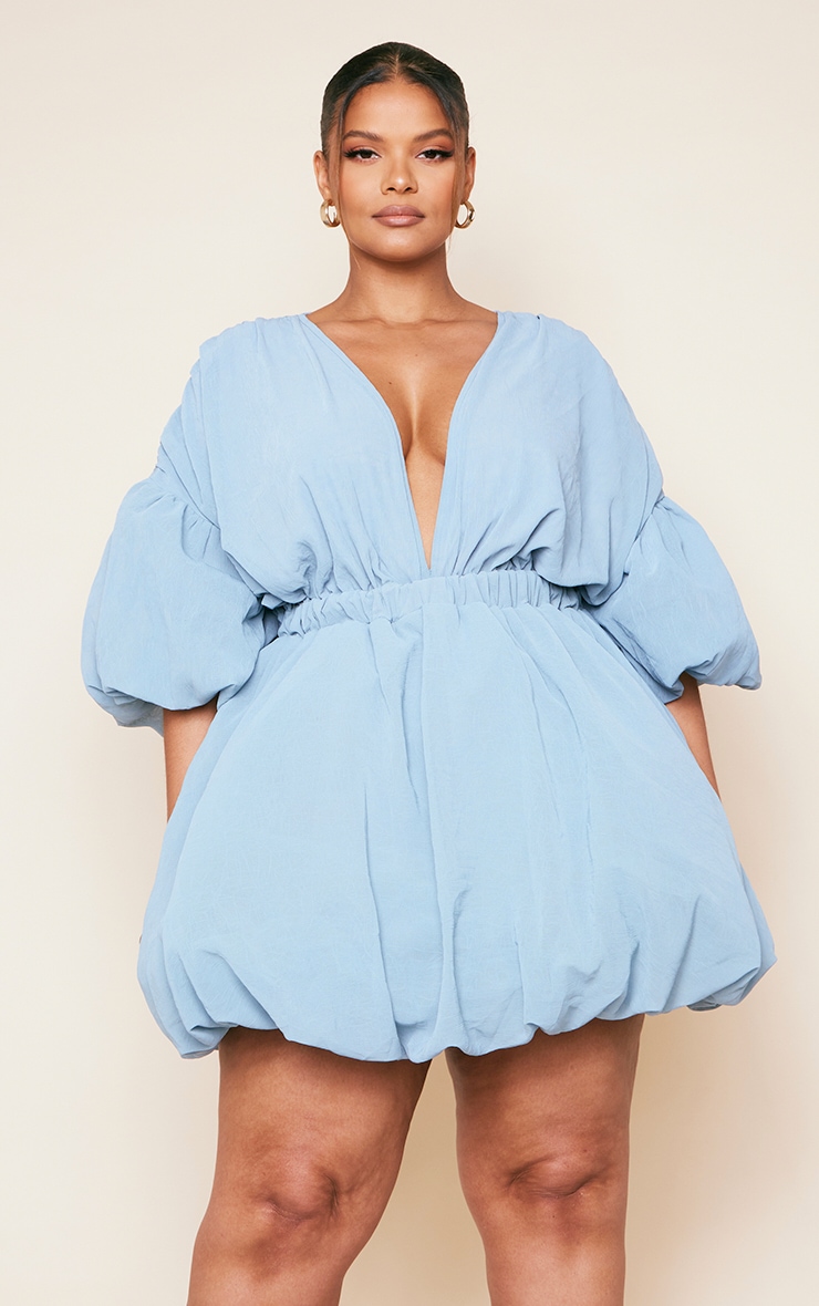 Plus Dusty Blue Textured Puffball Shift Dress | PrettyLittleThing KSA