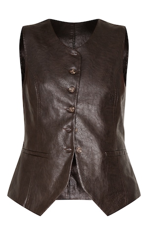 Brown Faux Leather Long Line Button Up Waistcoat | Tops | PLT