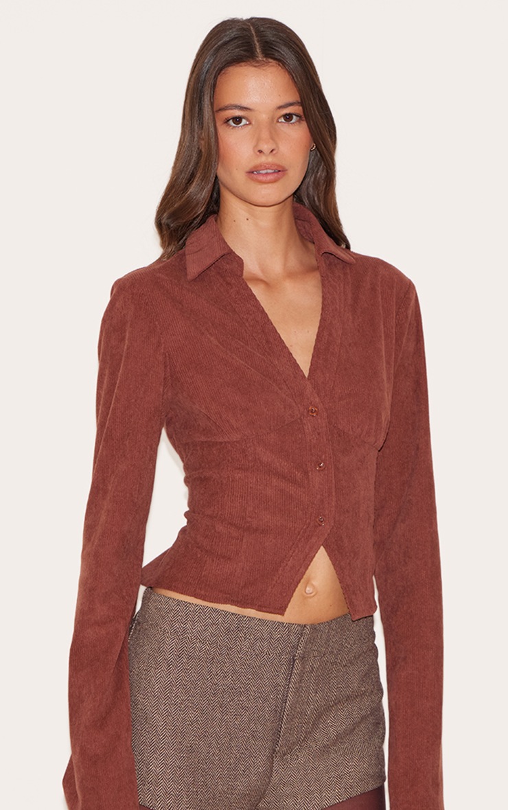 Brown Corduroy Fitted Shirt | Tops | PLT