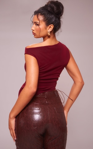 Cherry Red Asymmetric Neck Mesh Top | Tops | PrettyLittleThing USA