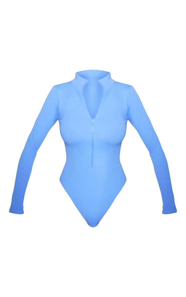 Washed Blue Contour Rib Zip Up Bodysuit | PrettyLittleThing