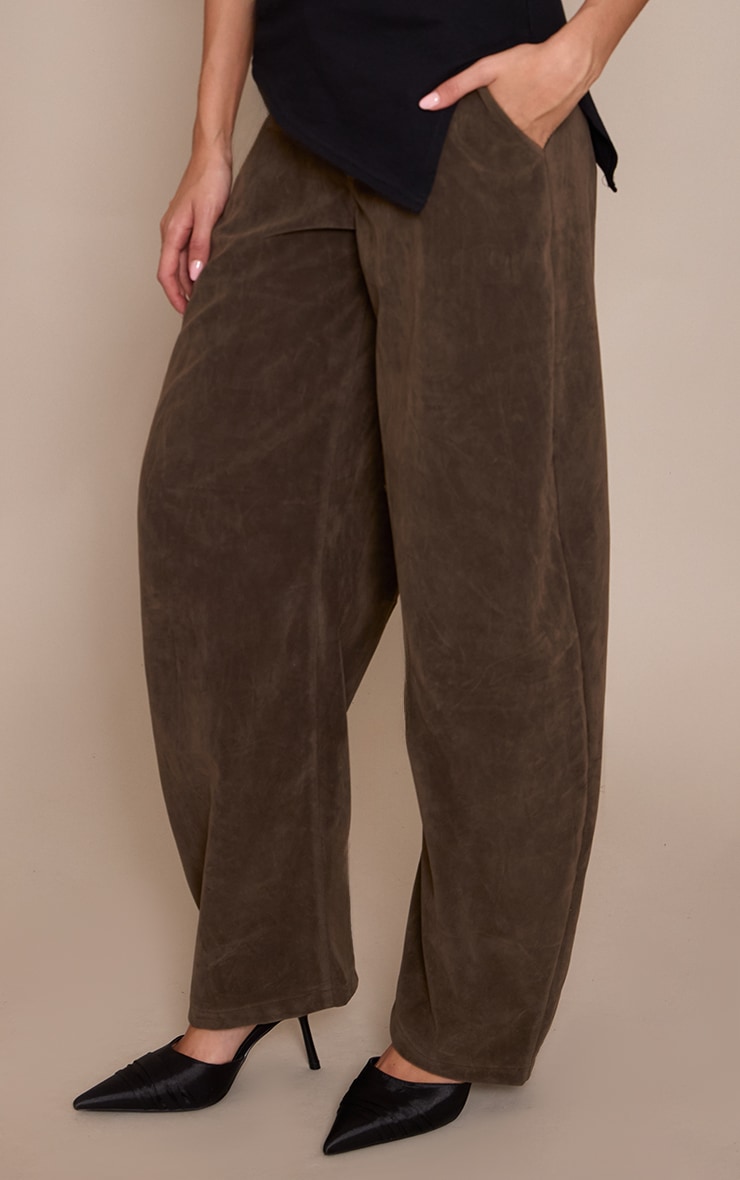 Dark Khaki Faux Suede Barrel Leg Trousers | Bottoms | PLT