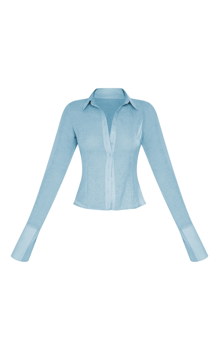 Blue Sheer Textured Fitted Shirt | Tops | PLT UAE
