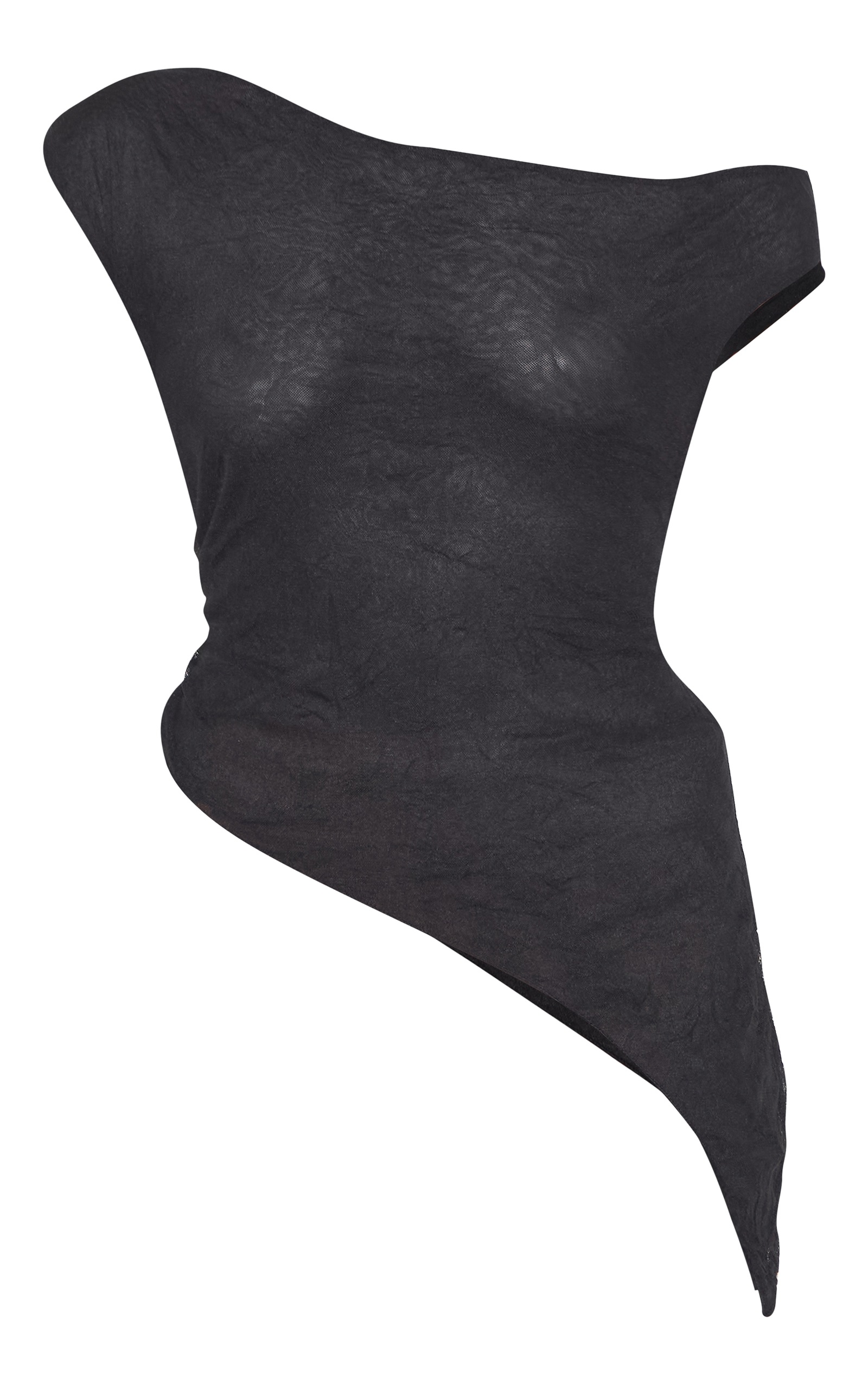 Black Crinkle Mesh Asymmetric Neck Top | Tops | PLT AUS