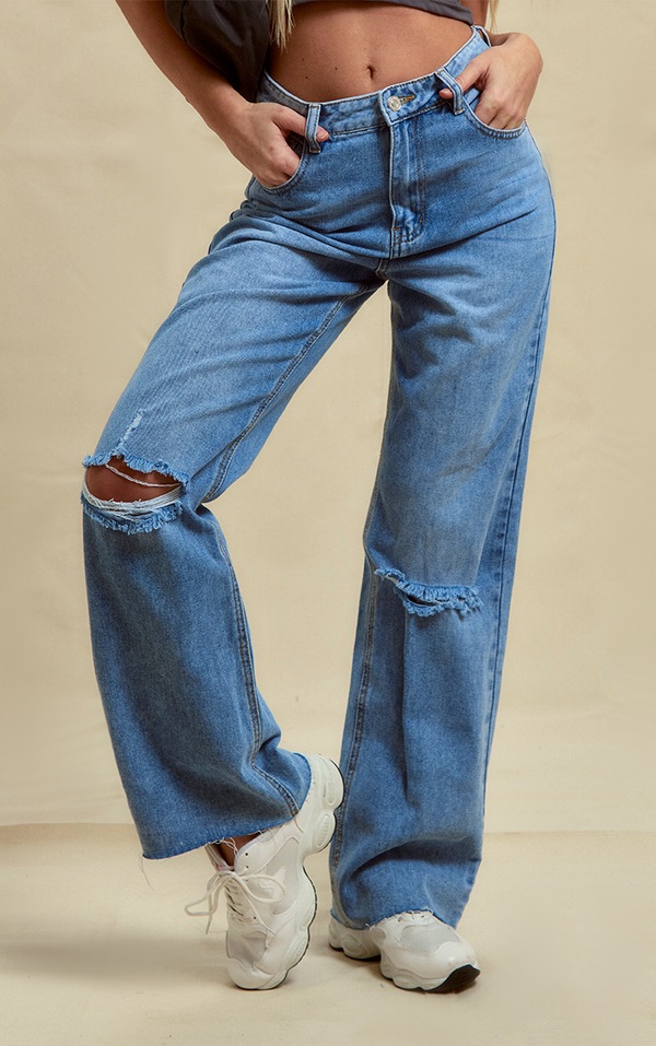 Light Blue Wash High Rise Ripped Jeans | Denim | PrettyLittleThing USA