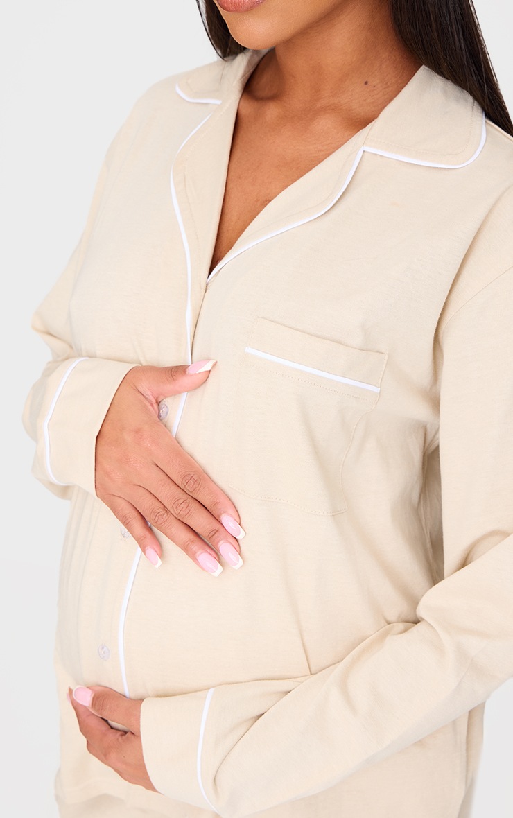Maternity Sand Jersey Piping Detail Long Pj Set | Maternity ...