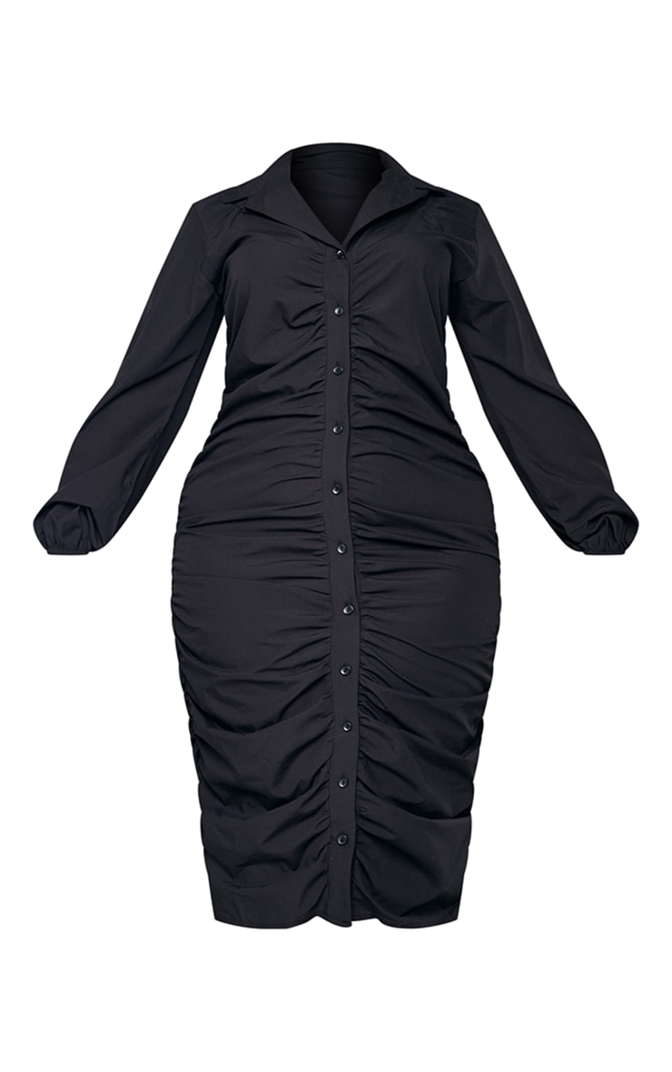 Plus Black Poplin Ruched Front Midi Shirt Dress | PrettyLittleThing