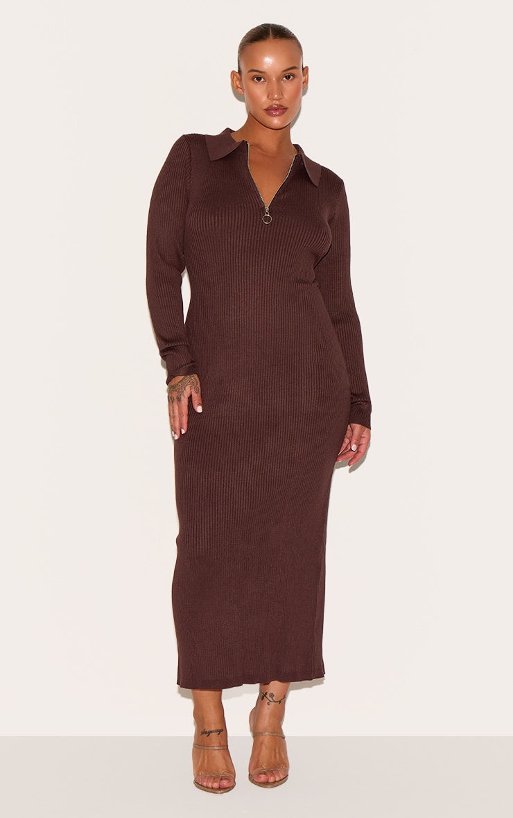 Plus Chocolate Half Zip Collared Midaxi Dress | Plus Size ...