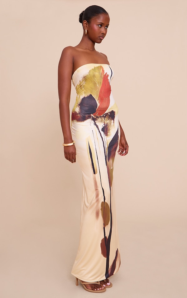 Cream Printed Bandeau Maxi Dress | Dresses | PLT