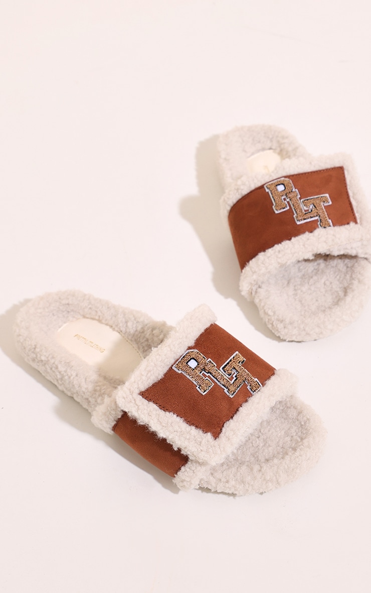 Plt Chocolate Borg Velcro Strap Slides | PrettyLittleThing USA