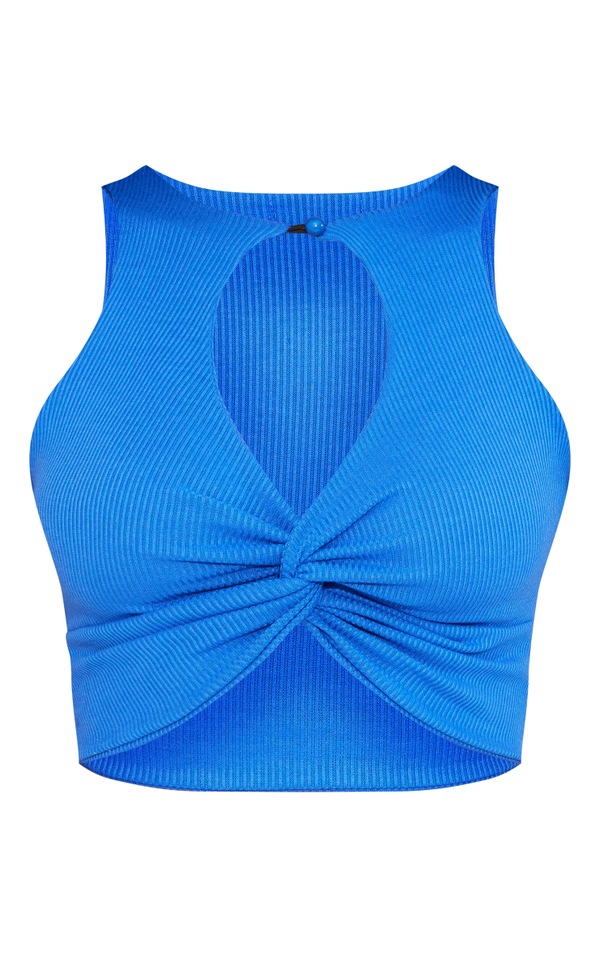 Bright Blue Rib Cross Front Key Hole Crop Top | Tops | PLT