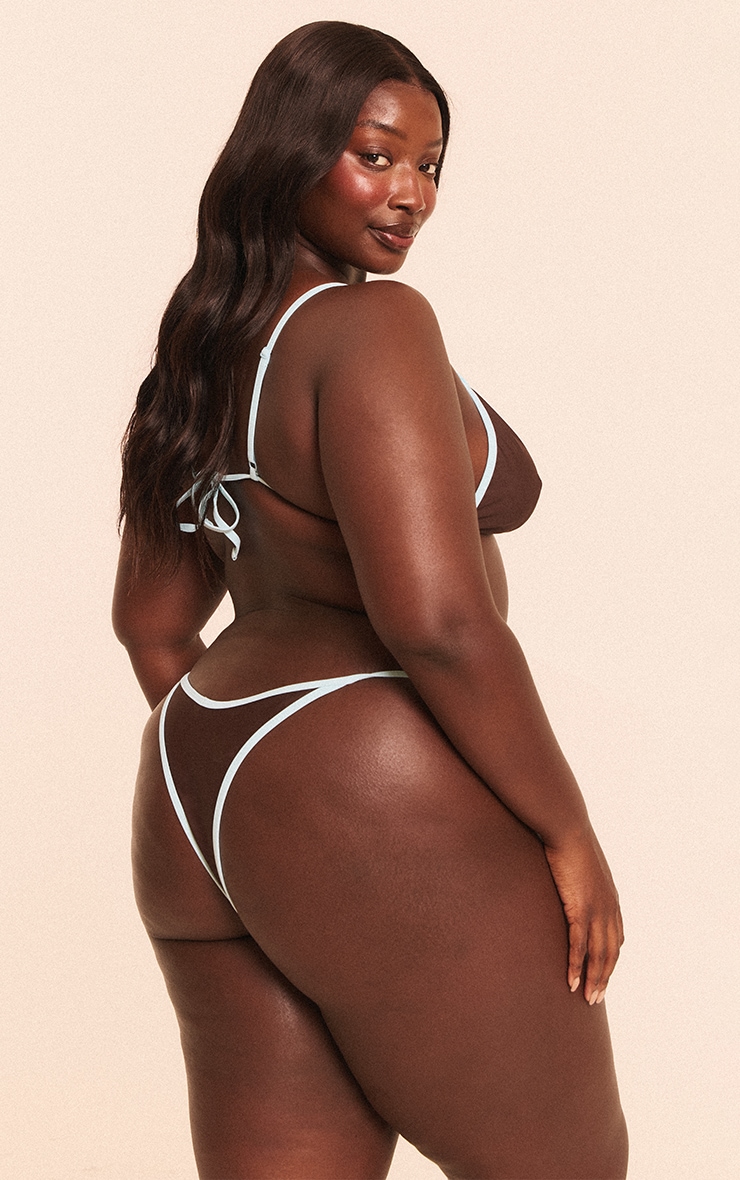 Plus Chocolate Contrast Binding String Tanga Bikini Bottom | Plus Size | PrettyLittleThing USA