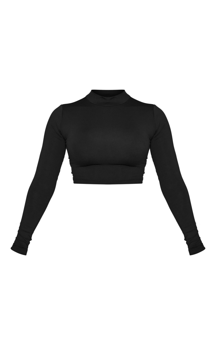 Crop top moulant basique noir à col montant et manches longues ...