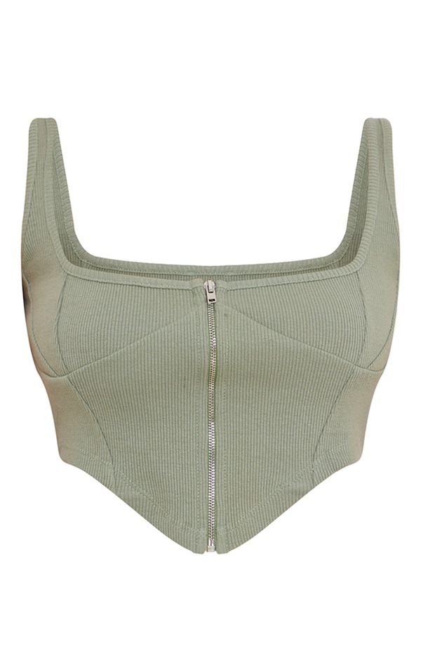 Khaki Rib Zip Front Square Neck Rib Corset | Tops | PLT USA
