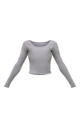 Moss Grey Cotton Scoop Neck Long Sleeve Top | Tops | PLT