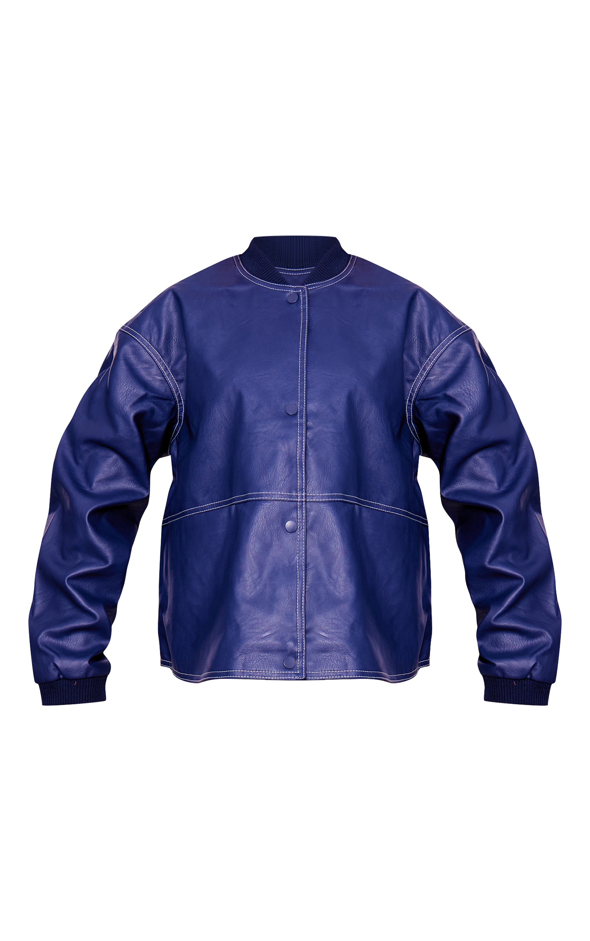 Dark Blue PU Stitch Button Up Bomber Jacket | Outerwear | PLT