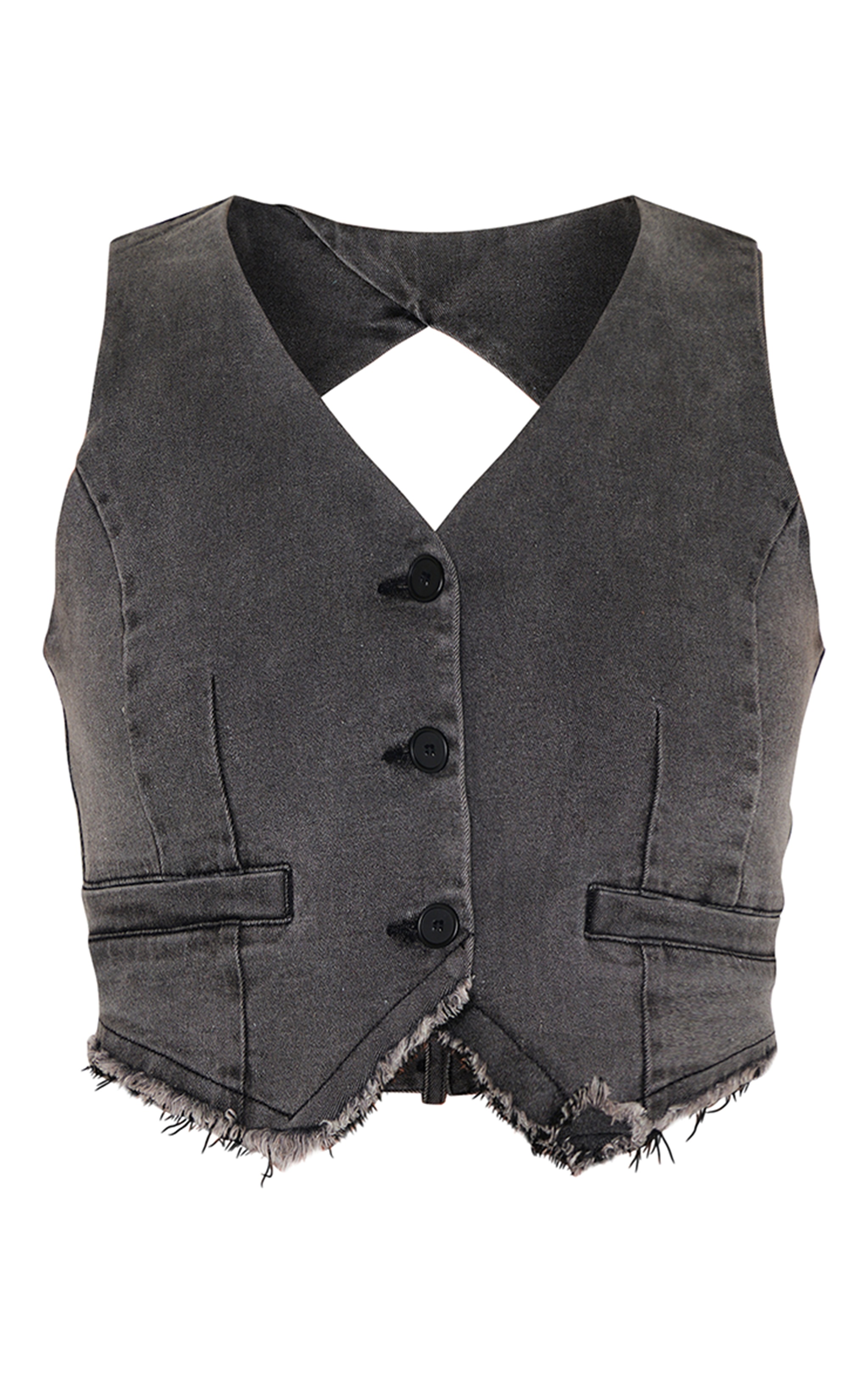 Washed Black Raw Hem Cut Out Back Denim Vest | Denim ...