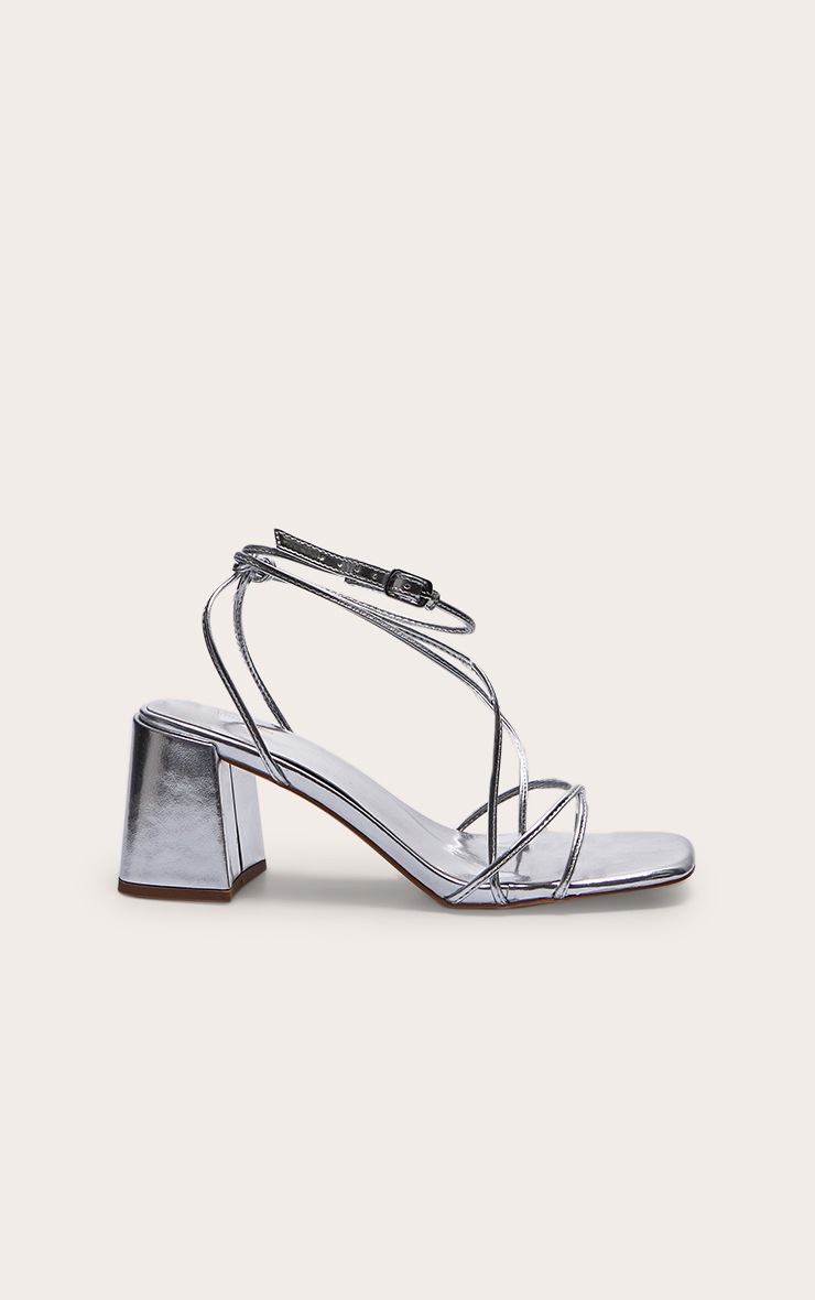 Silver Round Toe Strappy Mid Block Heeled Sandals | Footwear | PLT