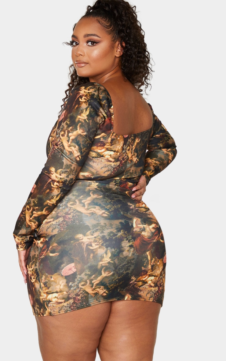 Plus Multi Renaissance Puff Shoulder Bodycon Dress | Plus Size | PLT