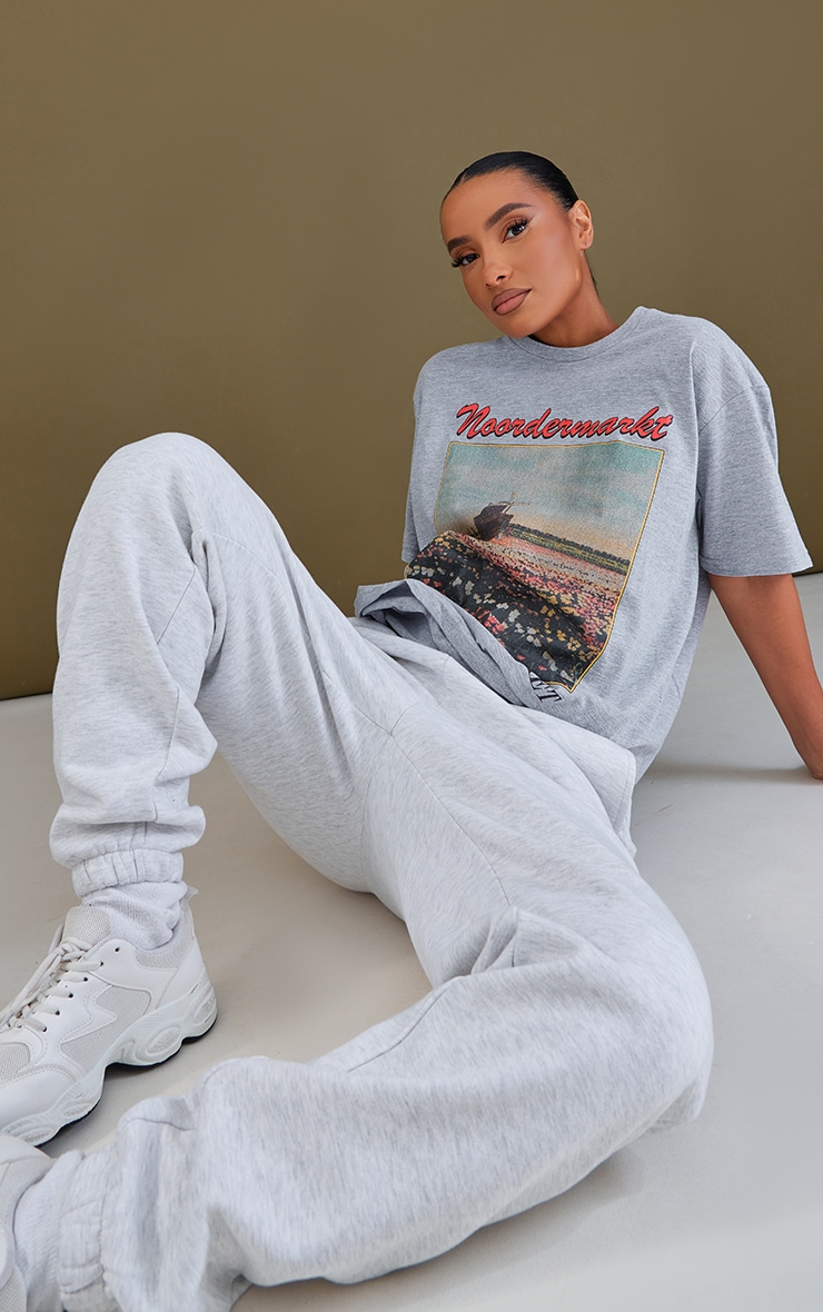 Grey Marl Flowermarket Print T Shirt | Tops | PLT