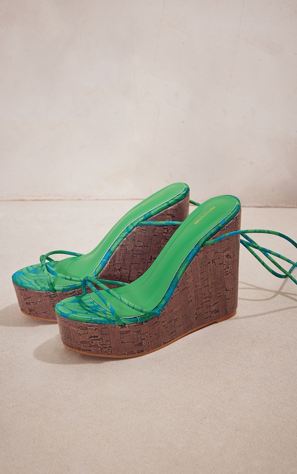 Green Floral Print Lace Up Cork Wedge Sandals | Footwear | PLT