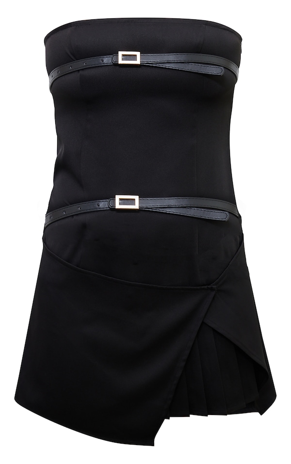 Black Double Belt Bandeau Pleated Mini Dress | PrettyLittleThing