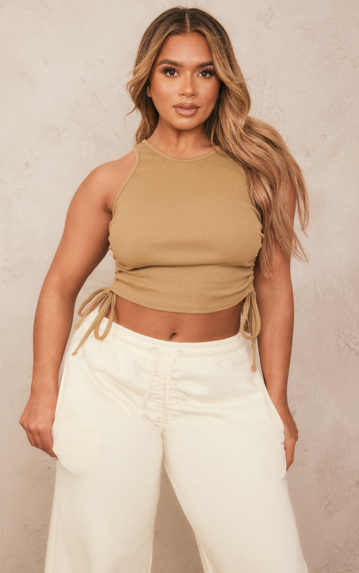 Shape Olive Rib Ruched Side Racer Top | Shape | PrettyLittleThing CA