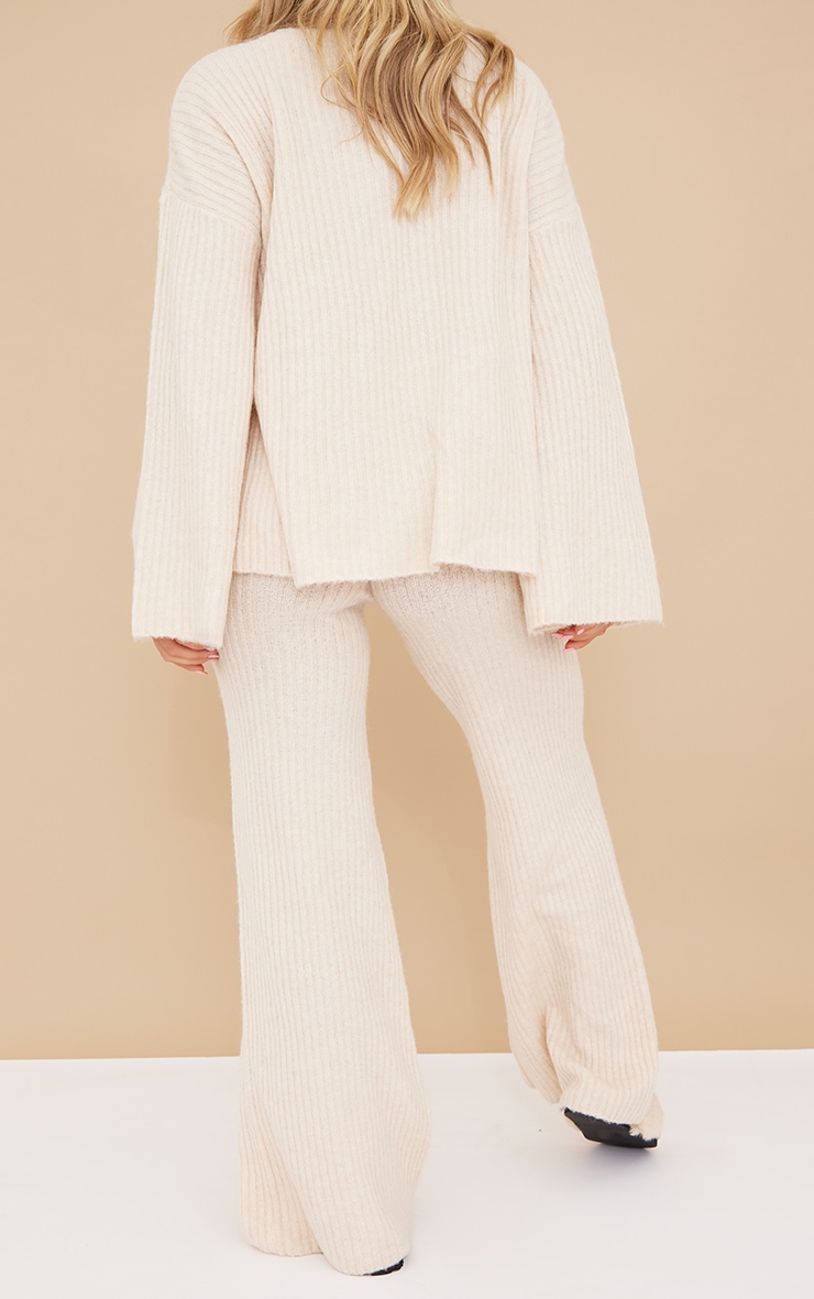 Oatmeal Luxe Rib Knit Wide Leg Trousers | Knitwear | PLT
