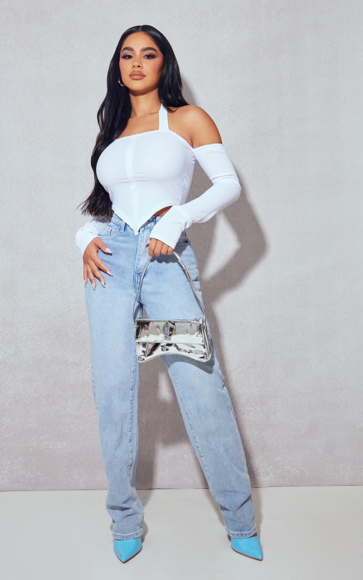 Petite White Crinkle Pointed Hem Crop Top | Petite | PrettyLittleThing USA