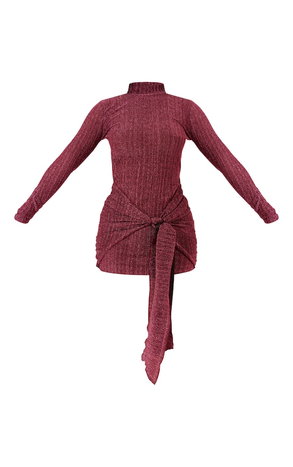 Pink Glitter Plisse Long Sleeve Knot Bodycon Dress | Dresses