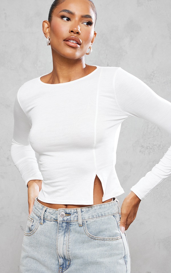 Cream Jersey Contrast Stitch Top | Tops | PrettyLittleThing AUS