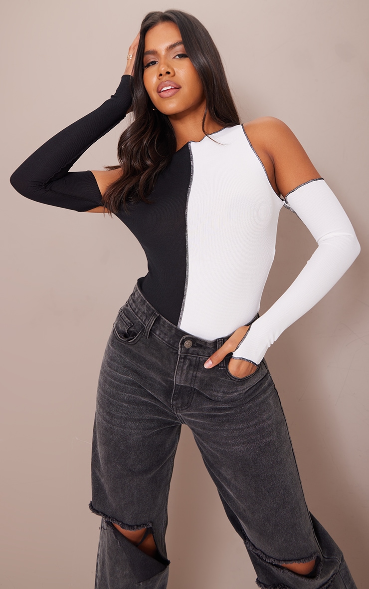 Black Rib Spliced Cold Shoulder Bodysuit | Tops | PLT