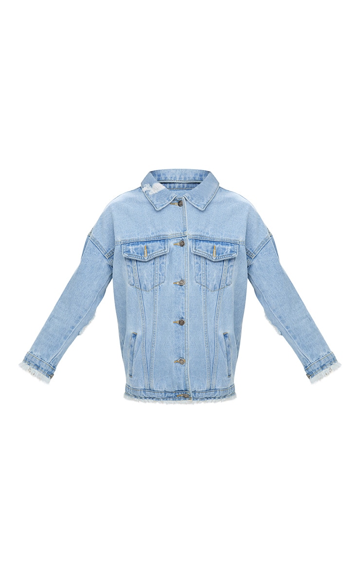 Aymeline Light Wash Distressed Oversized Denim Jacket | PrettyLittleThing
