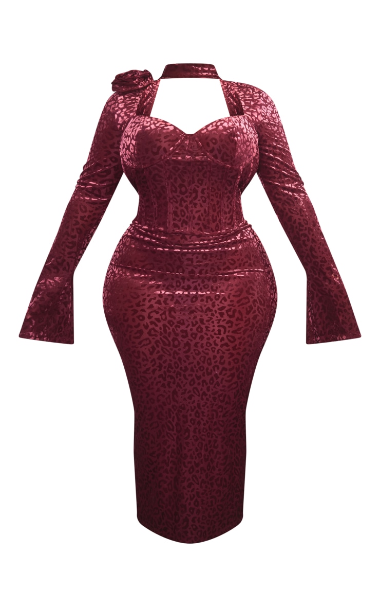 Plus Cherry Red Devore Corsage Boned Midi Dress | Plus Size | PLT QA