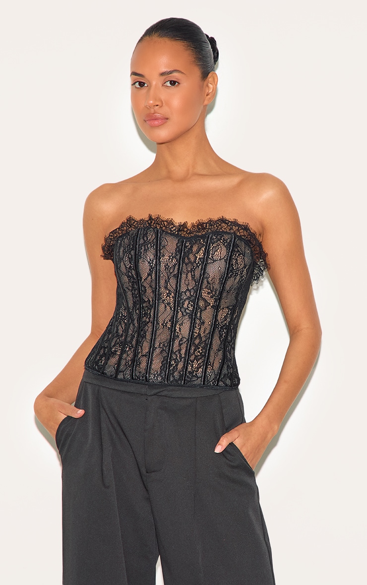 Black Lace Boned Lace Up Back Corset | Tops | PLT USA