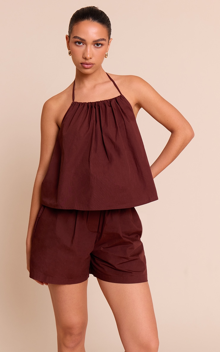 Chocolate Poplin Low Back Halterneck Top | Co-ords | PLT